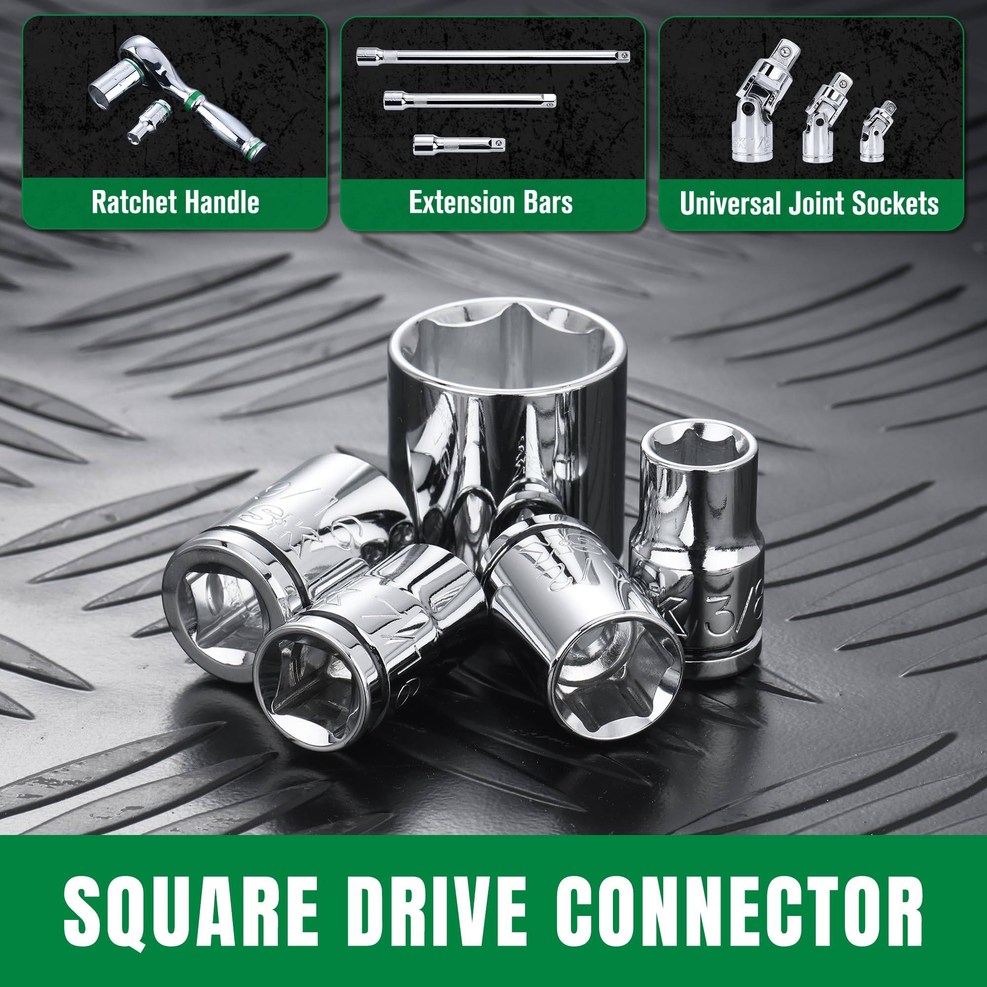 SK 3/8" Drive Socket Set, SAE Sockets, 13-Piece, 1/4" to 1", SuperKrome Finish, Premium CR-V Construction, with Aluminum Socket Organizer