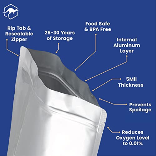 15x Silver 5 Gallon Wallaby Mylar Bag - (5 Mil) + 60 Mylar Bag Bundle - 1 Gallon Stand-Up Zipper Pouches - (7.5 Mil-10ββx14ββ), Oxygen Absorbers, Labels - Resealable Zipper, Heat Seal, FDA Grade