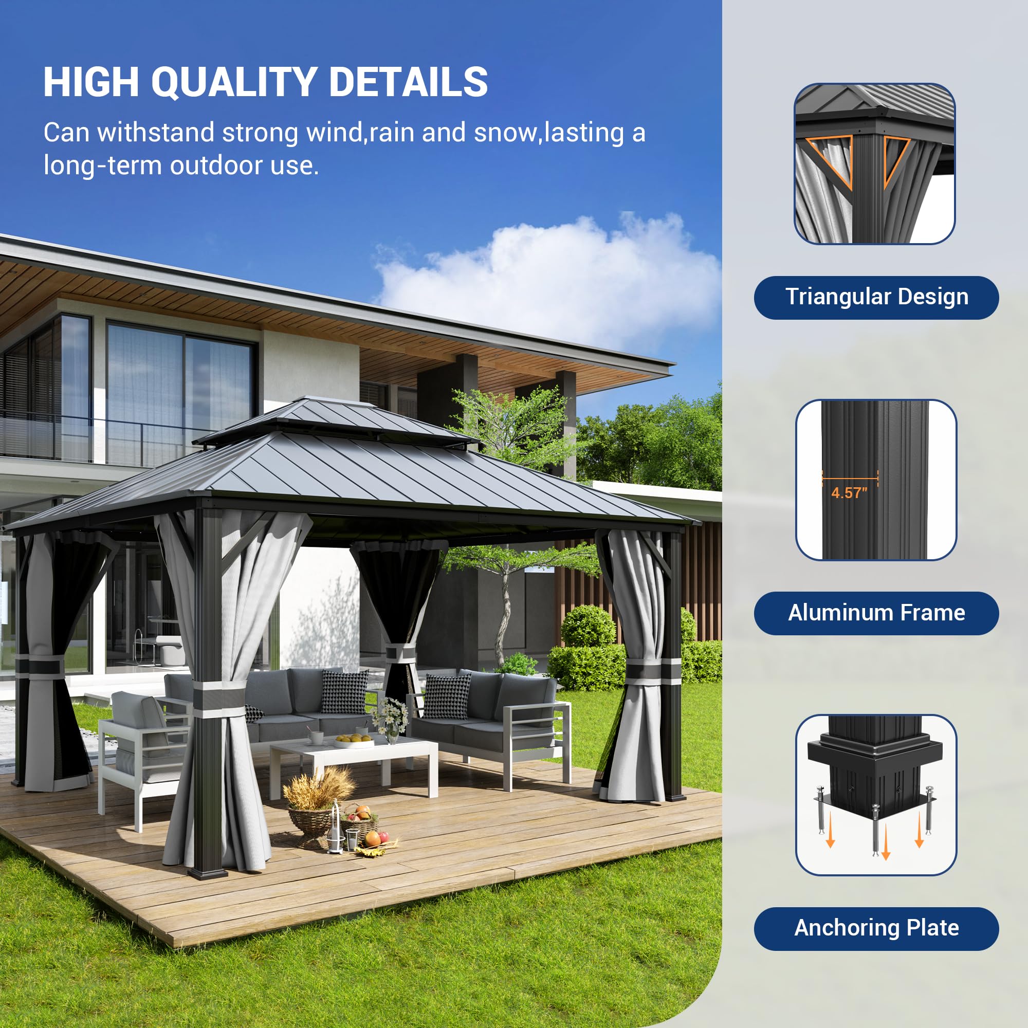 Amopatio 12' X 14' Hardtop Gazebo Permanent Aluminum Gazebos with Galvanized Steel Double Roof for Patio Lawn and Garden,with Curtains & Mosquito Netting