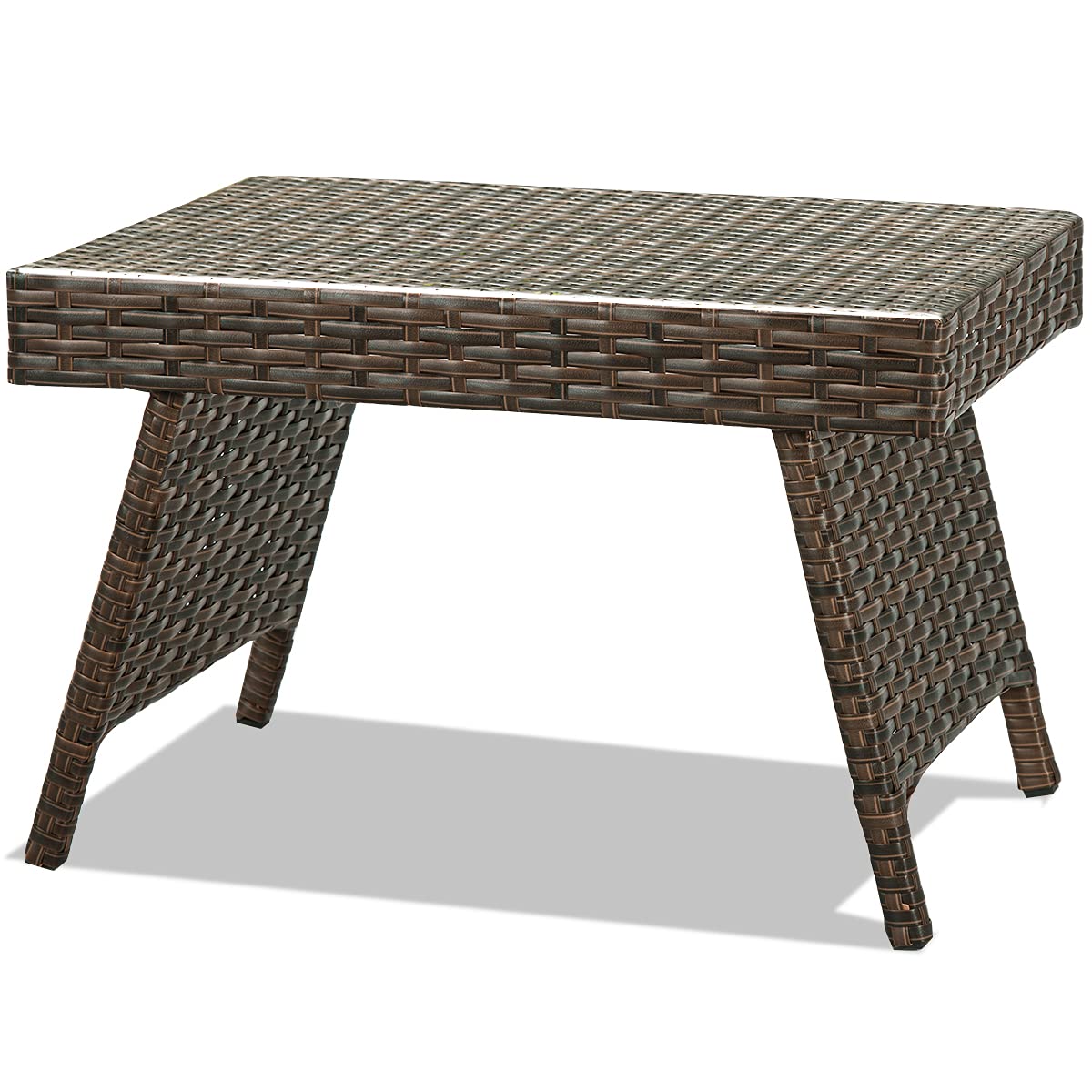 RELAX4LIFE Patio Rattan Side Table - Folding Coffee Table with Premium Brown PE Wicker & High-Duty Steel Frame, Outdoor Beside Table for Garden, Courtyard, Poolside (Brown)
