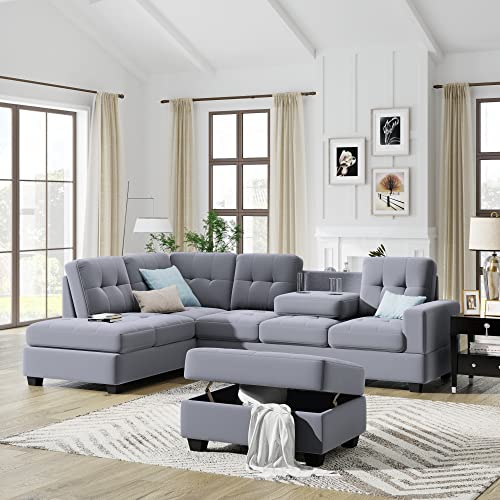 Living Room Furniture, Reversible Sectional Sofa with Storage Ottoman,L-Shape Couch with Two Cup Holders for Large Space Dorm Apartment,Gray