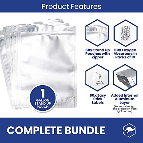 15x Silver 5 Gallon Wallaby Mylar Bag - (5 Mil) + 60 Mylar Bag Bundle - 1 Gallon Stand-Up Zipper Pouches - (7.5 Mil-10ββx14ββ), Oxygen Absorbers, Labels - Resealable Zipper, Heat Seal, FDA Grade