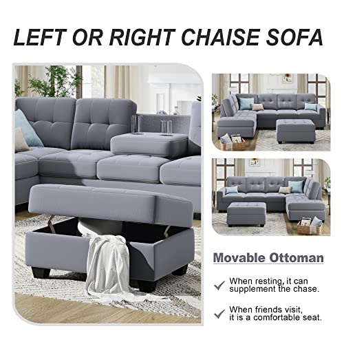 Living Room Furniture, Reversible Sectional Sofa with Storage Ottoman,L-Shape Couch with Two Cup Holders for Large Space Dorm Apartment,Gray