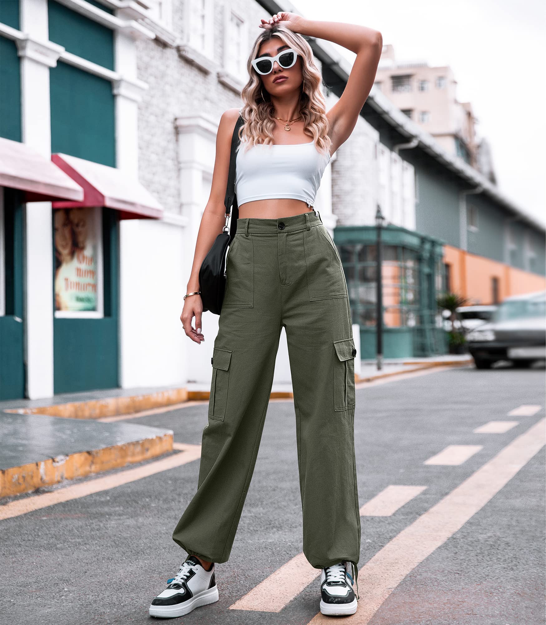 ZMPSIISA Women High Waisted Cargo Pants Wide Leg Casual Pants 6 Pockets Combat Military Trousers(Green,Small)