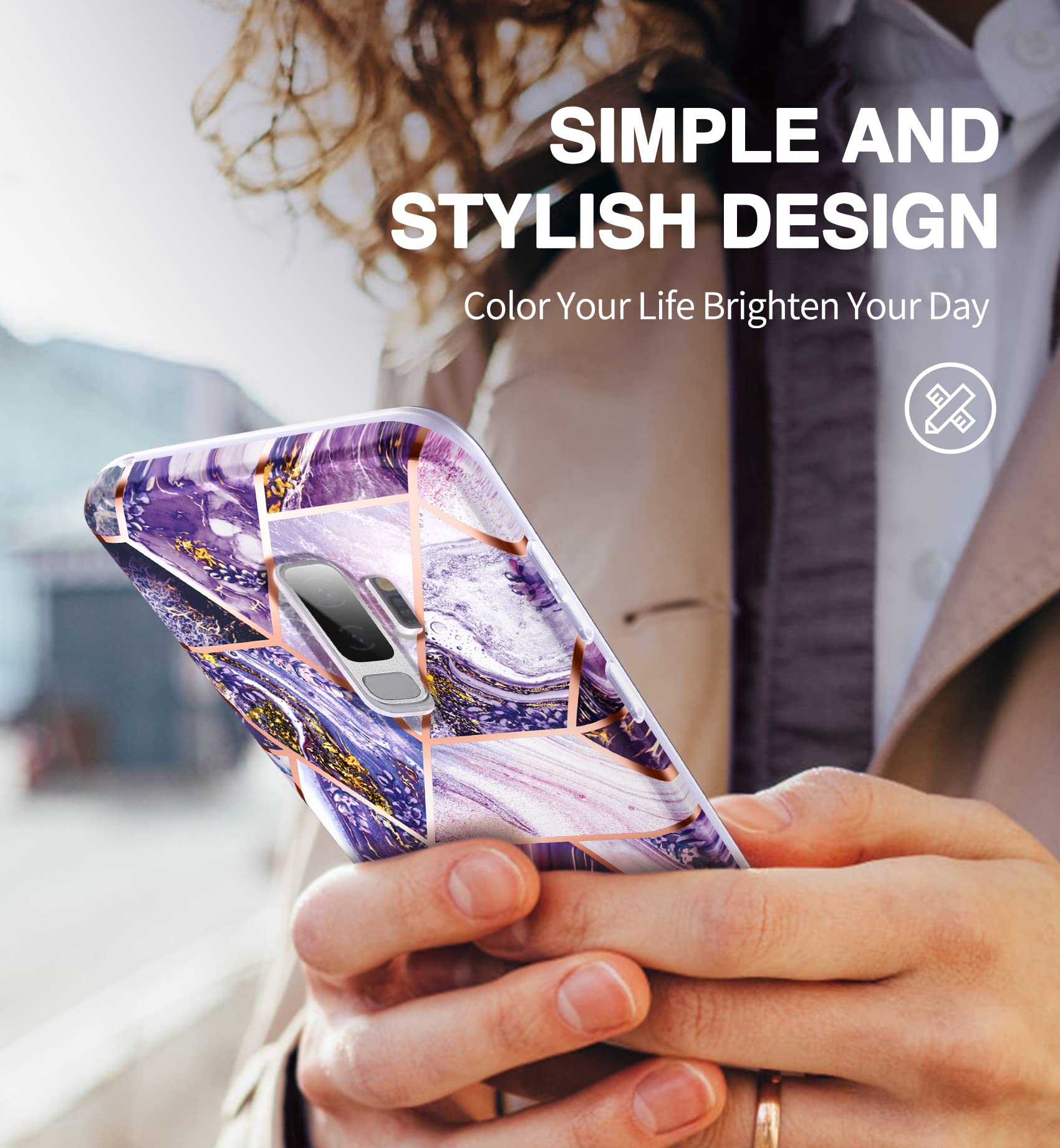 SURITCH for Samsung Galaxy S9 Plus Marble Case, [Built-in Screen Protector] Full-Body Protection Shockproof Rugged Bumper Protective Cover for Galaxy S9 Plus 6.2 Inch (Lavender)