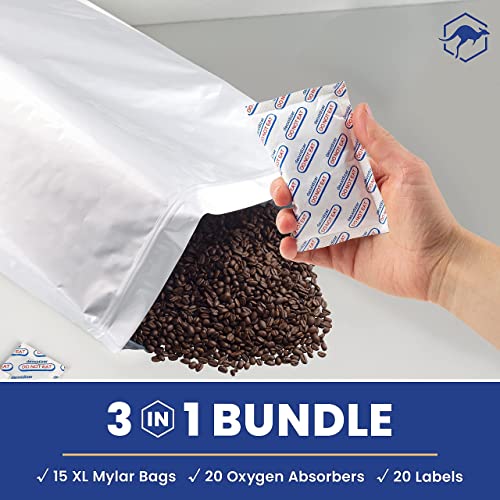 15x Silver 5 Gallon Wallaby Mylar Bag - (5 Mil) + 60 Mylar Bag Bundle - 1 Gallon Stand-Up Zipper Pouches - (7.5 Mil-10ββx14ββ), Oxygen Absorbers, Labels - Resealable Zipper, Heat Seal, FDA Grade