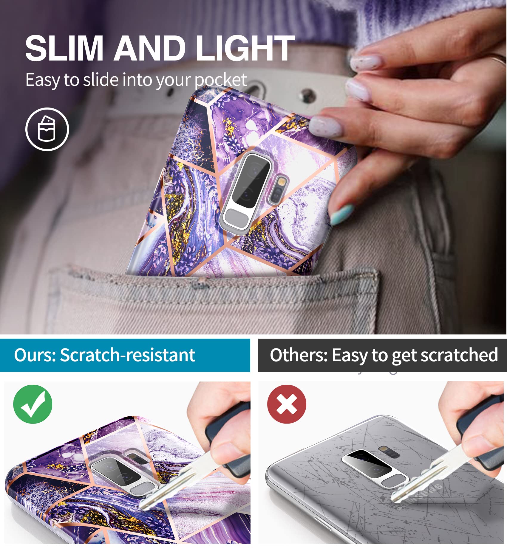 SURITCH for Samsung Galaxy S9 Plus Marble Case, [Built-in Screen Protector] Full-Body Protection Shockproof Rugged Bumper Protective Cover for Galaxy S9 Plus 6.2 Inch (Lavender)