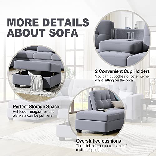Living Room Furniture, Reversible Sectional Sofa with Storage Ottoman,L-Shape Couch with Two Cup Holders for Large Space Dorm Apartment,Gray
