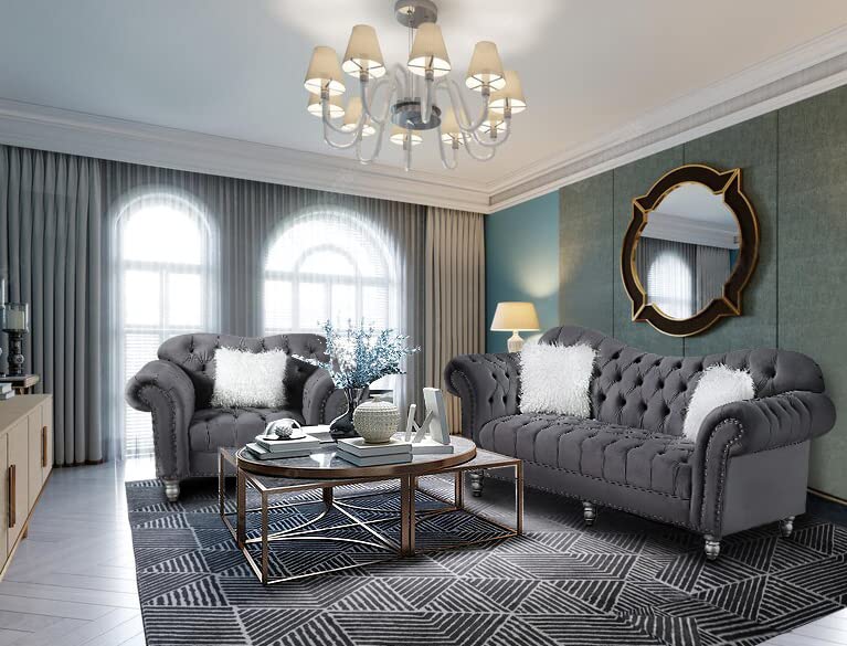 Morden Fort Chesterfield Sofa Grey Velvet, 76" W Tufted Upholstery Sofas, Classic Couches for Living Room Furniture Sets