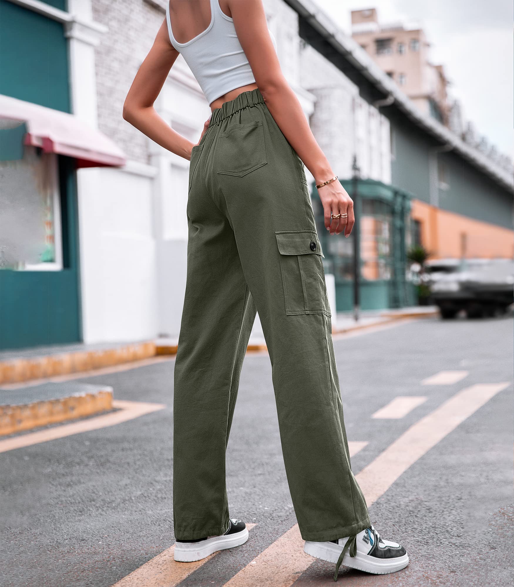 ZMPSIISA Women High Waisted Cargo Pants Wide Leg Casual Pants 6 Pockets Combat Military Trousers(Green,Small)