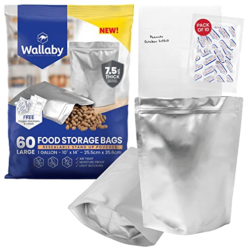 15x Silver 5 Gallon Wallaby Mylar Bag - (5 Mil) + 60 Mylar Bag Bundle - 1 Gallon Stand-Up Zipper Pouches - (7.5 Mil-10ββx14ββ), Oxygen Absorbers, Labels - Resealable Zipper, Heat Seal, FDA Grade
