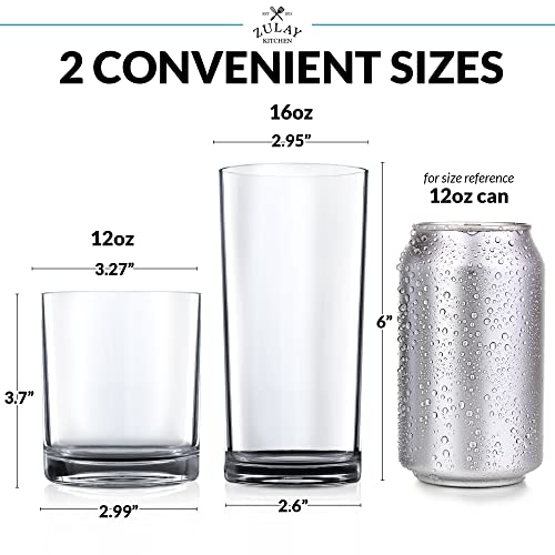 Zulay Plastic Tumblers Drinking Glasses Set of 8 Clear - 4 Each: 12oz and 16oz Acrylic Cups For Kitchen - Unbreakable, Dishwasher Safe Plastic Glasses Set