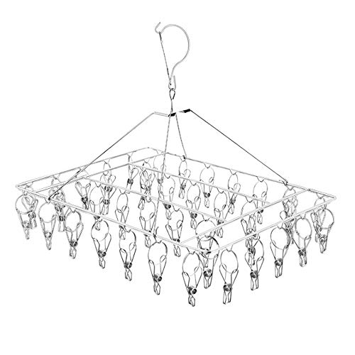 SSXX Clothes Drying Rack with 40 Clips, Stailess Steel Laundry Hanging Rack for Balcony and Courtyard, Suitable for Socks, Underwears, Drying Towels and Baby Clothes,Silver