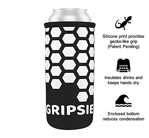 GRIPSIE 16oz Can Sleeves with Non-Slip Grip (4-Pack) Insulated Neoprene, Scuba Knit Polyester Fabric, Silicone Print Coolers for 16 Ounce Energy Drink and Beer Cans (Multicolor)