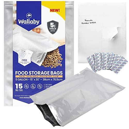 15x Silver 5 Gallon Wallaby Mylar Bag - (5 Mil) + 60 Mylar Bag Bundle - 1 Gallon Stand-Up Zipper Pouches - (7.5 Mil-10ββx14ββ), Oxygen Absorbers, Labels - Resealable Zipper, Heat Seal, FDA Grade