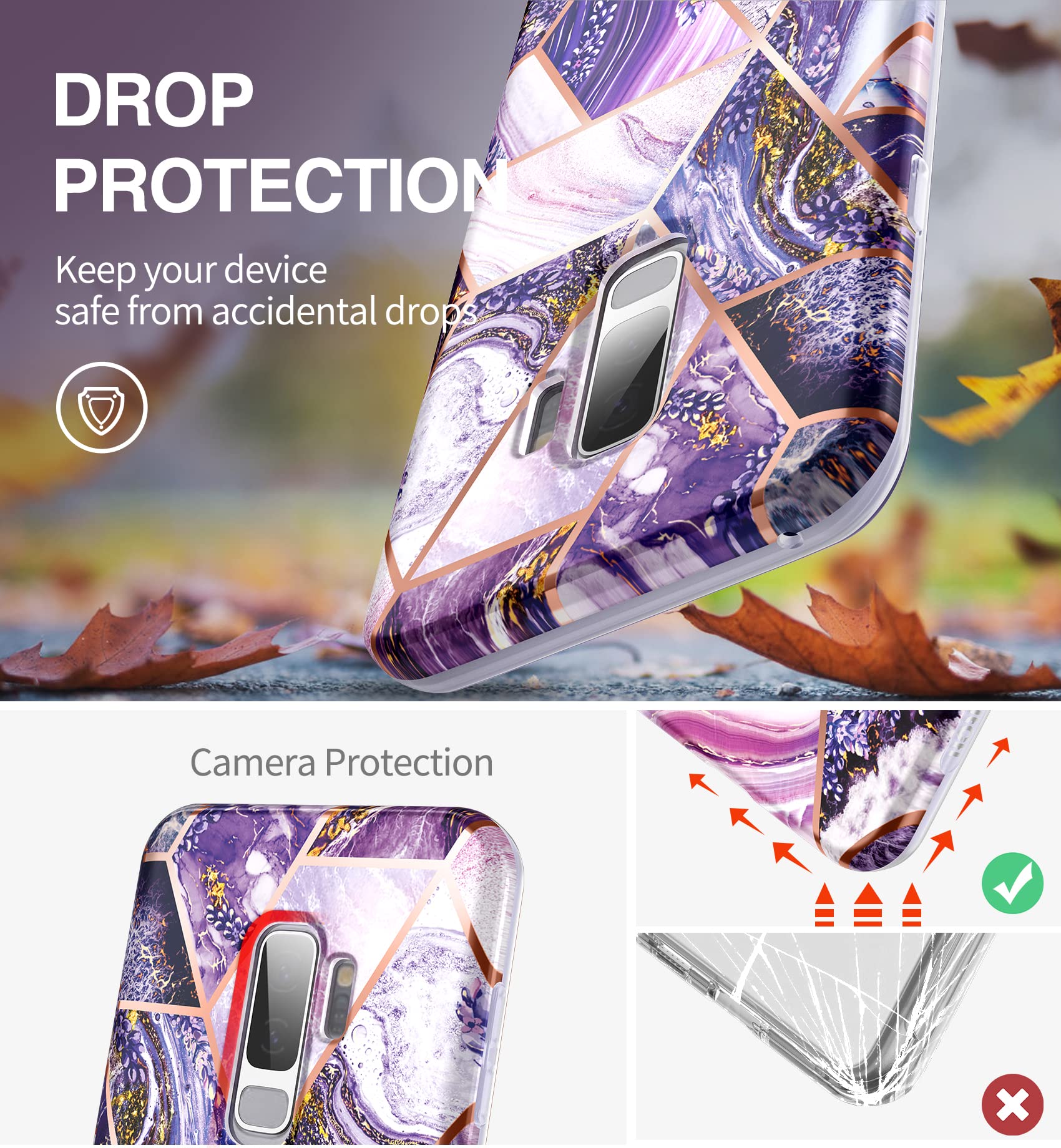 SURITCH for Samsung Galaxy S9 Plus Marble Case, [Built-in Screen Protector] Full-Body Protection Shockproof Rugged Bumper Protective Cover for Galaxy S9 Plus 6.2 Inch (Lavender)