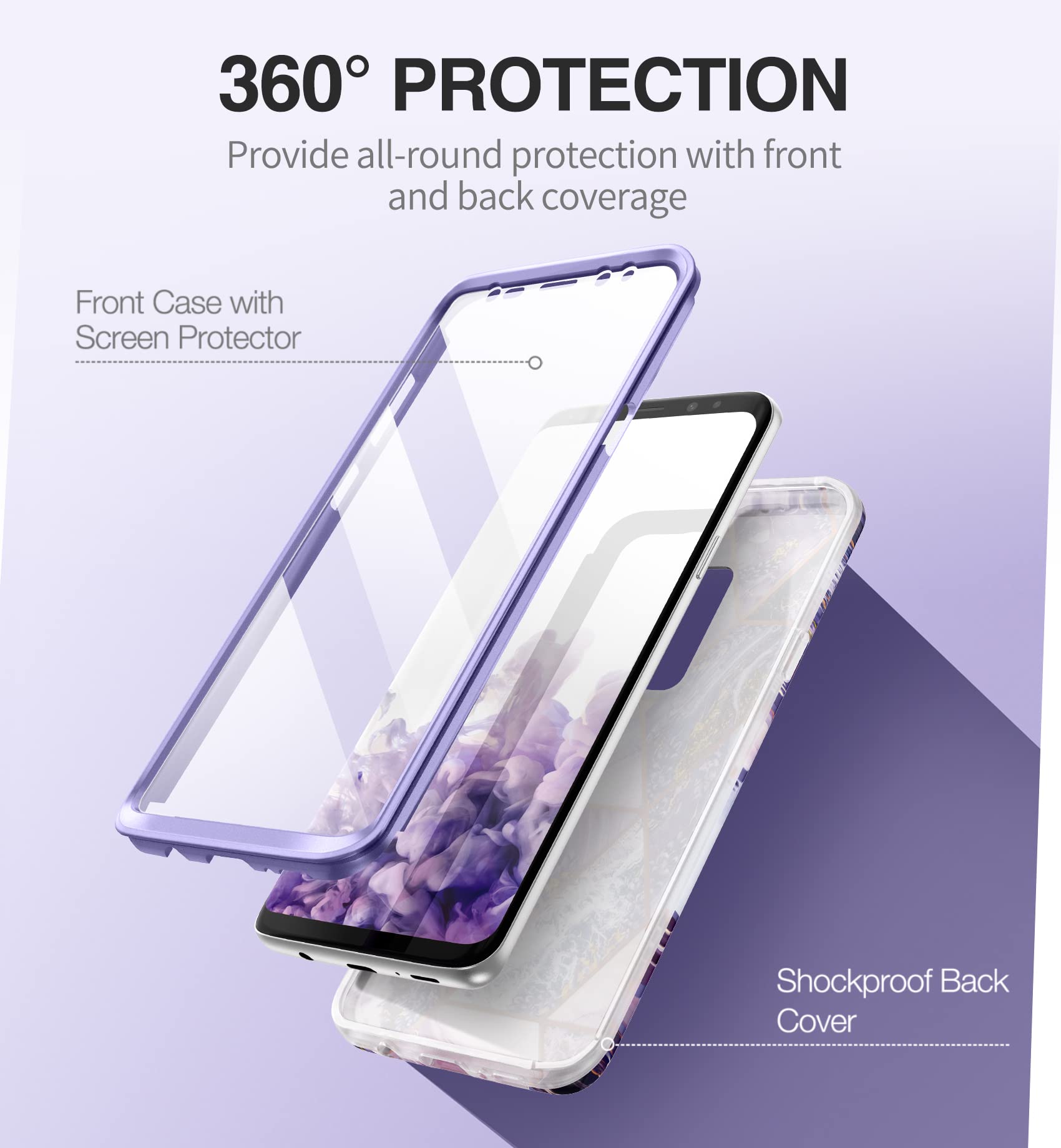 SURITCH for Samsung Galaxy S9 Plus Marble Case, [Built-in Screen Protector] Full-Body Protection Shockproof Rugged Bumper Protective Cover for Galaxy S9 Plus 6.2 Inch (Lavender)