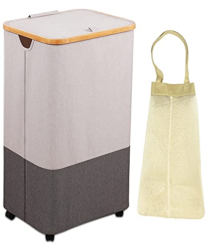 Large Laundry Hamper with Lid - Collapsible Laundry Baskets with Wheels and Removable Laundry Bag, 105L Capacity Dirty Clothes Hampers with Handles for Living Room, Bedroom, Laundry Room, Beige+Grey