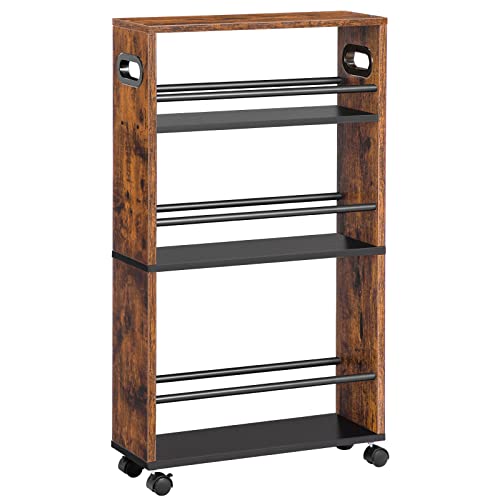 HOOBRO 4-Tier Slim Rolling Cart, Storage Cart for Laundry Room, Narrow Kitchen Cart with Handle and Lockable Casters, Space Saving, Easy Assembly, for Kitchen, Bathroom, Rustic Brown BF15TC01