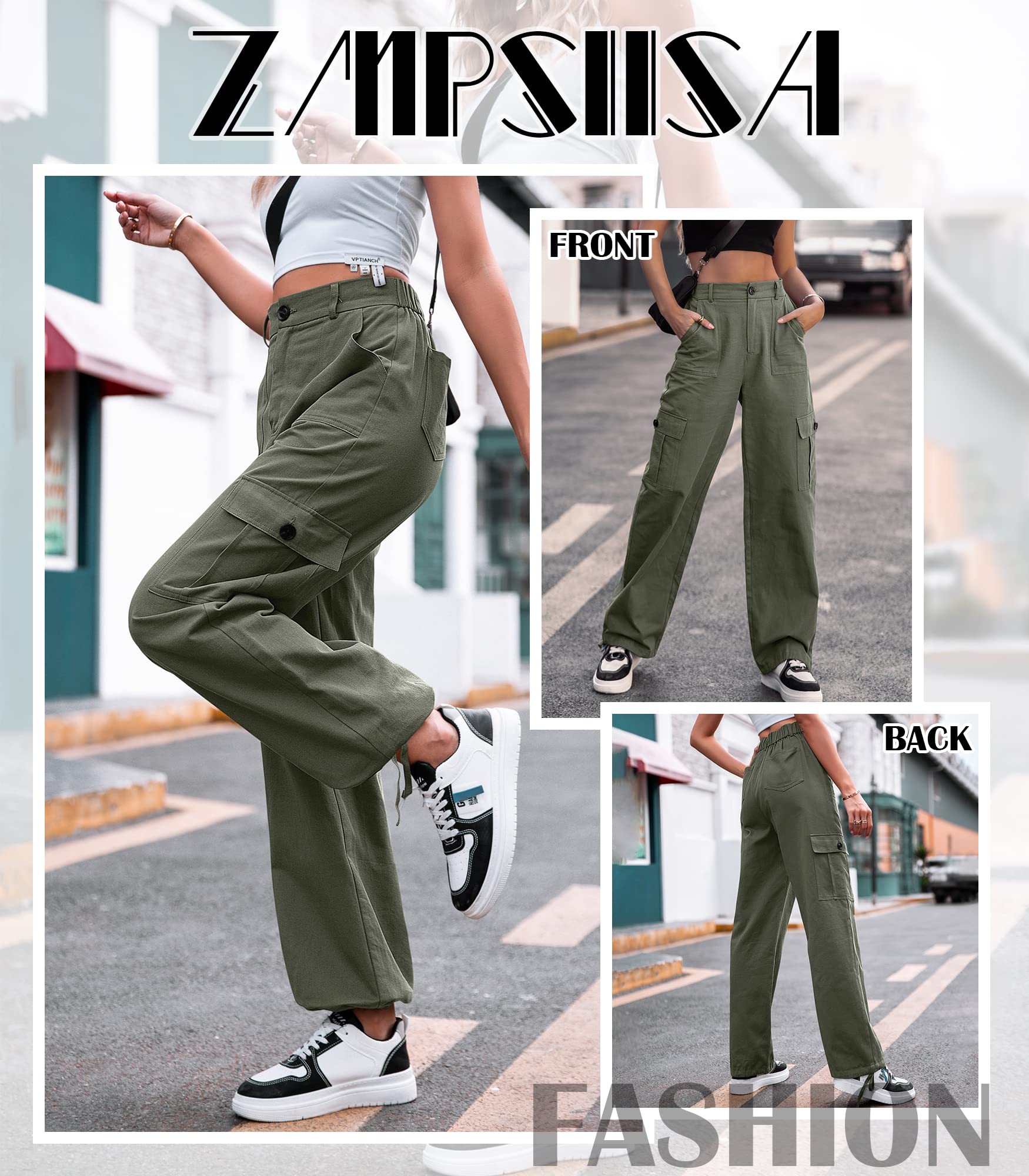 ZMPSIISA Women High Waisted Cargo Pants Wide Leg Casual Pants 6 Pockets Combat Military Trousers(Green,Small)
