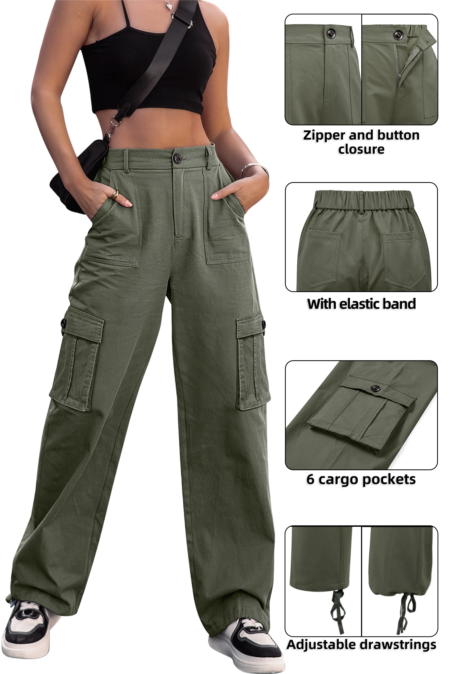 ZMPSIISA Women High Waisted Cargo Pants Wide Leg Casual Pants 6 Pockets Combat Military Trousers(Green,Small)