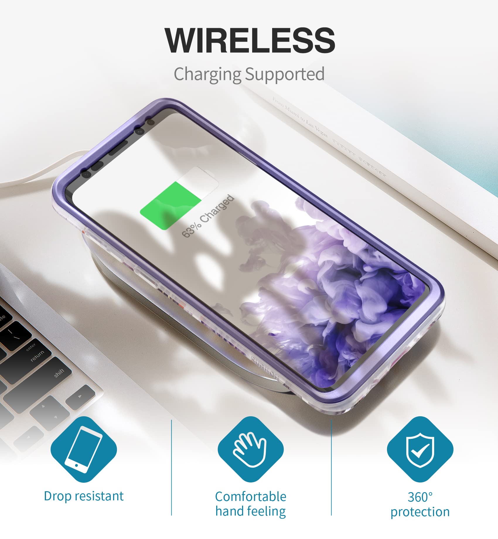 SURITCH for Samsung Galaxy S9 Plus Marble Case, [Built-in Screen Protector] Full-Body Protection Shockproof Rugged Bumper Protective Cover for Galaxy S9 Plus 6.2 Inch (Lavender)