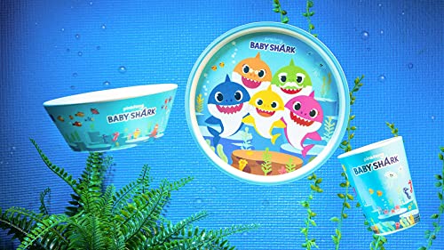 Zak Designs Baby Shark Dinnerware Set for Kids Includes 8" Plate, 6" Bowl, and 10oz Tumbler, Durable and Sustainable Melamine Bamboo Material (3-Piece Set)