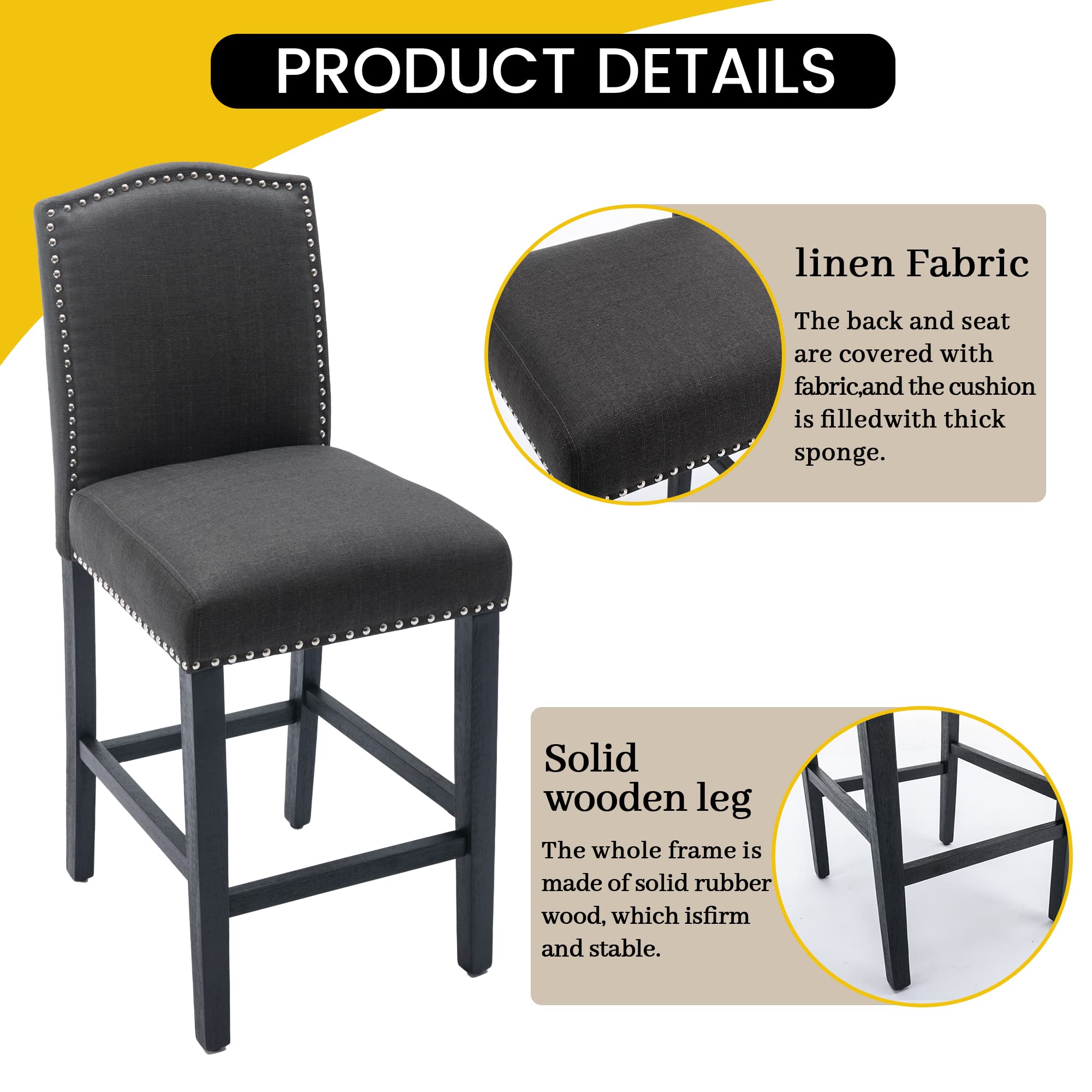 KCC Counter Height Bar Stool 26 Inches Upholstered High Back Barstool with Antique Nail Heads Solid Wood Set of 2 Counter Height Bar Chairs,Gray