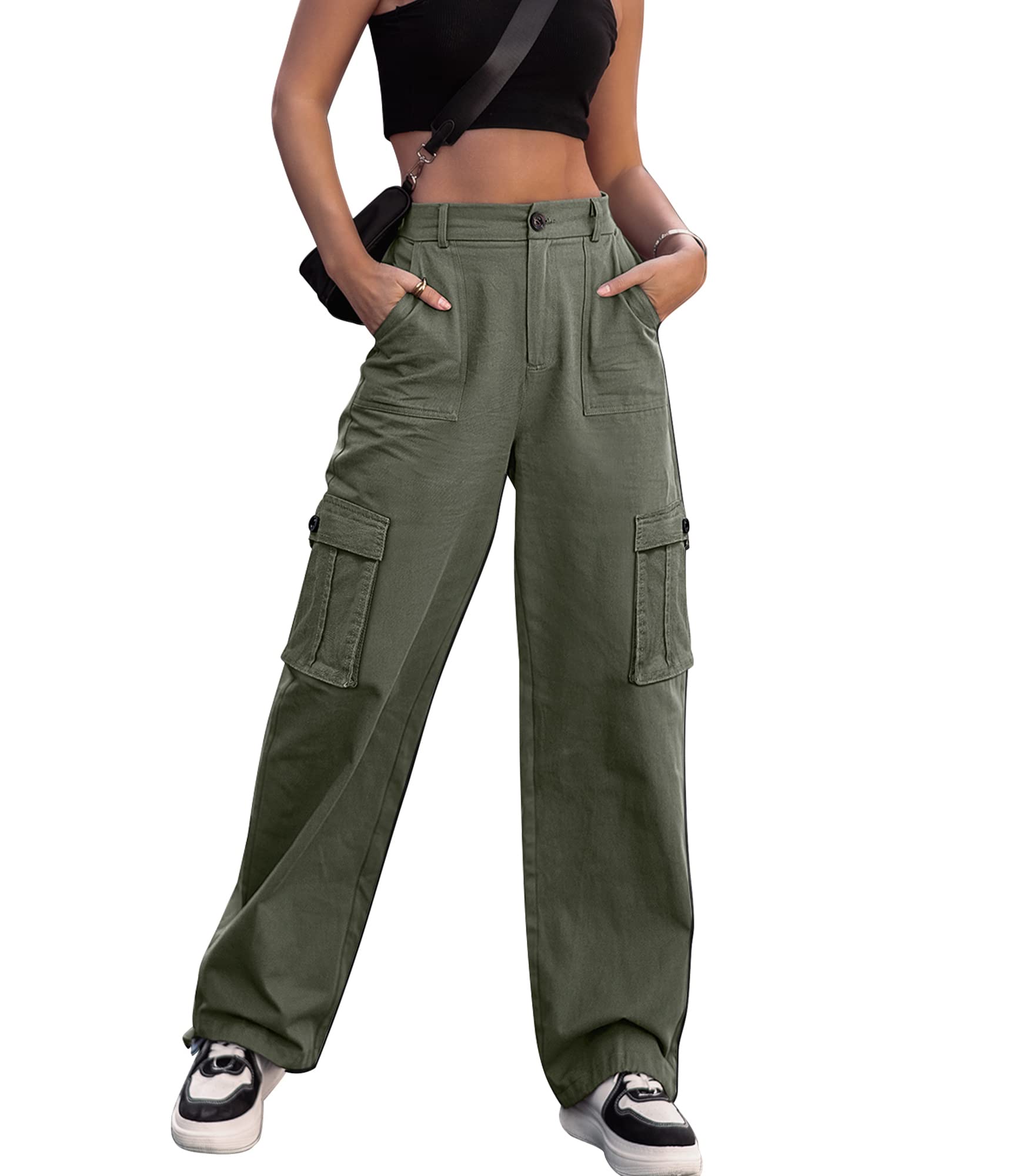ZMPSIISA Women High Waisted Cargo Pants Wide Leg Casual Pants 6 Pockets Combat Military Trousers(Green,Small)