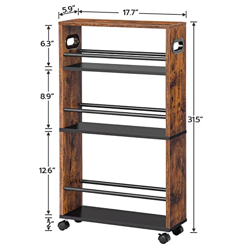 HOOBRO 4-Tier Slim Rolling Cart, Storage Cart for Laundry Room, Narrow Kitchen Cart with Handle and Lockable Casters, Space Saving, Easy Assembly, for Kitchen, Bathroom, Rustic Brown BF15TC01