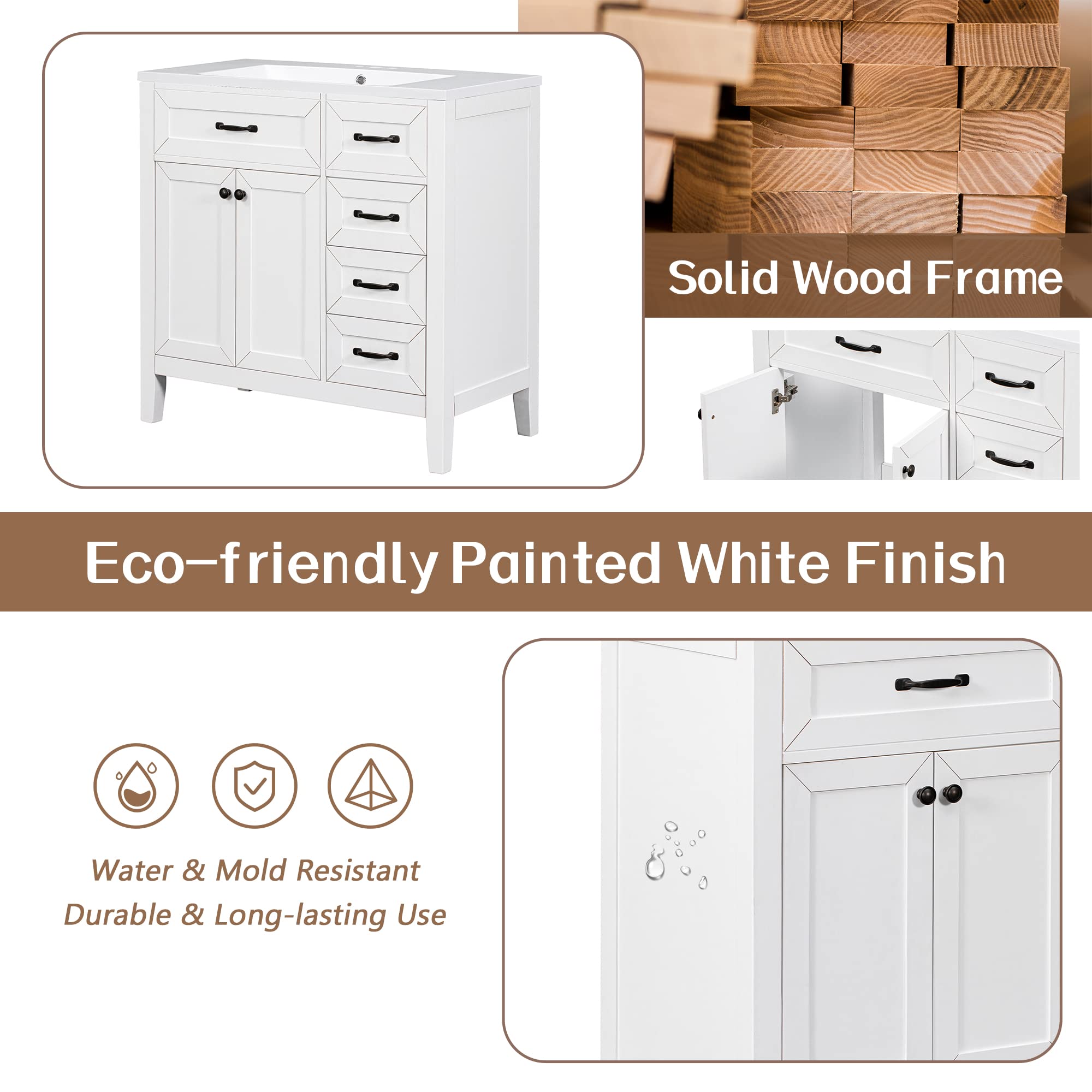 Merax, White 36 Inch Bathroom Vanity with Sink Set Combo, Storage Cabinet with Doors and Drawers, Ceramic Basin Top