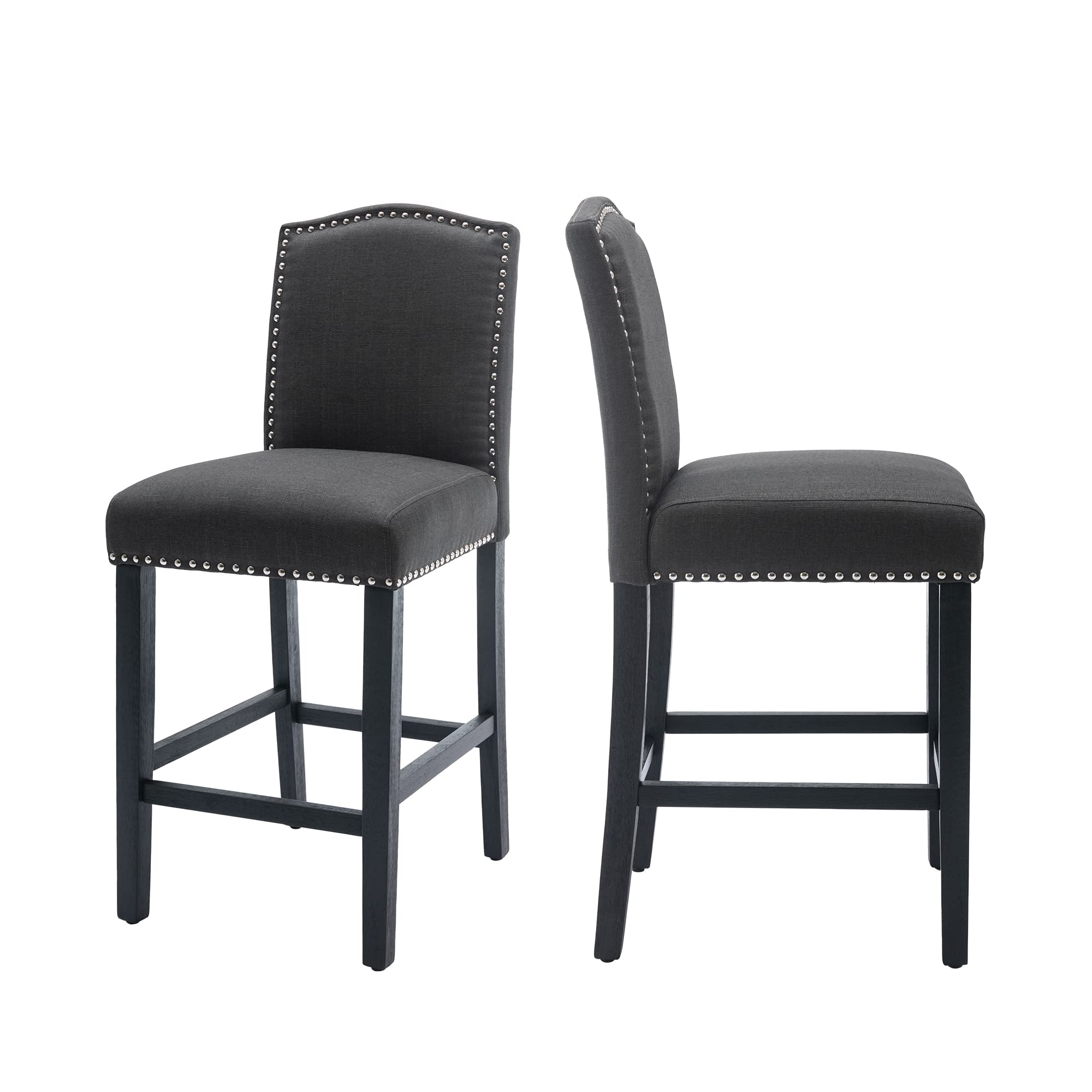 KCC Counter Height Bar Stool 26 Inches Upholstered High Back Barstool with Antique Nail Heads Solid Wood Set of 2 Counter Height Bar Chairs,Gray