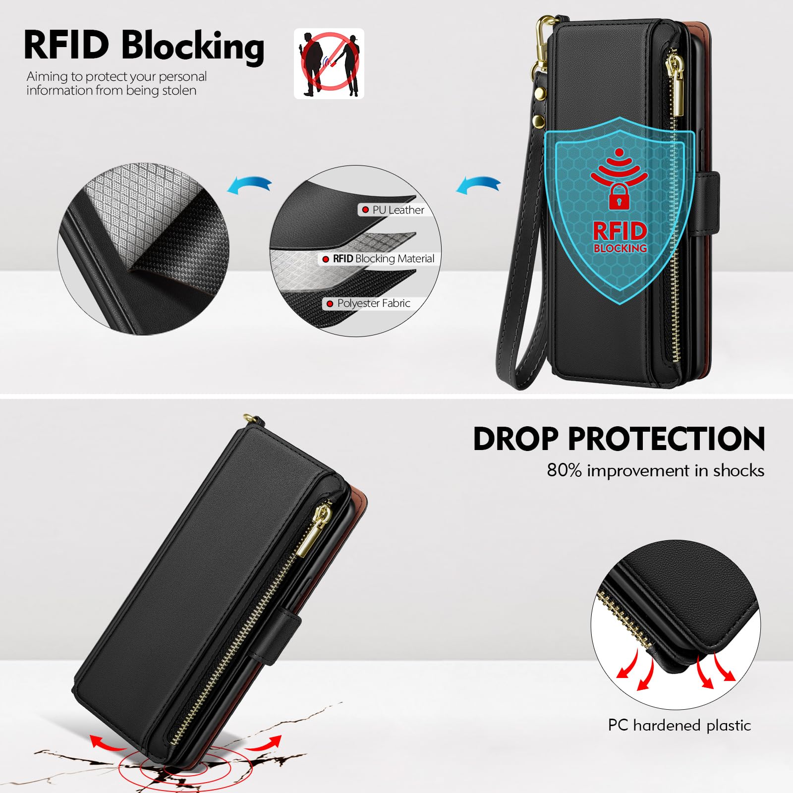 Antsturdy Compatible with Samsung Galaxy Z Fold 3 5G Case Wallet Women with【S Pen Holder】 Phone Case with Card Holder Strap PU Leather RFID Blocking Flip Folio Cover Credit Slots Men,Black