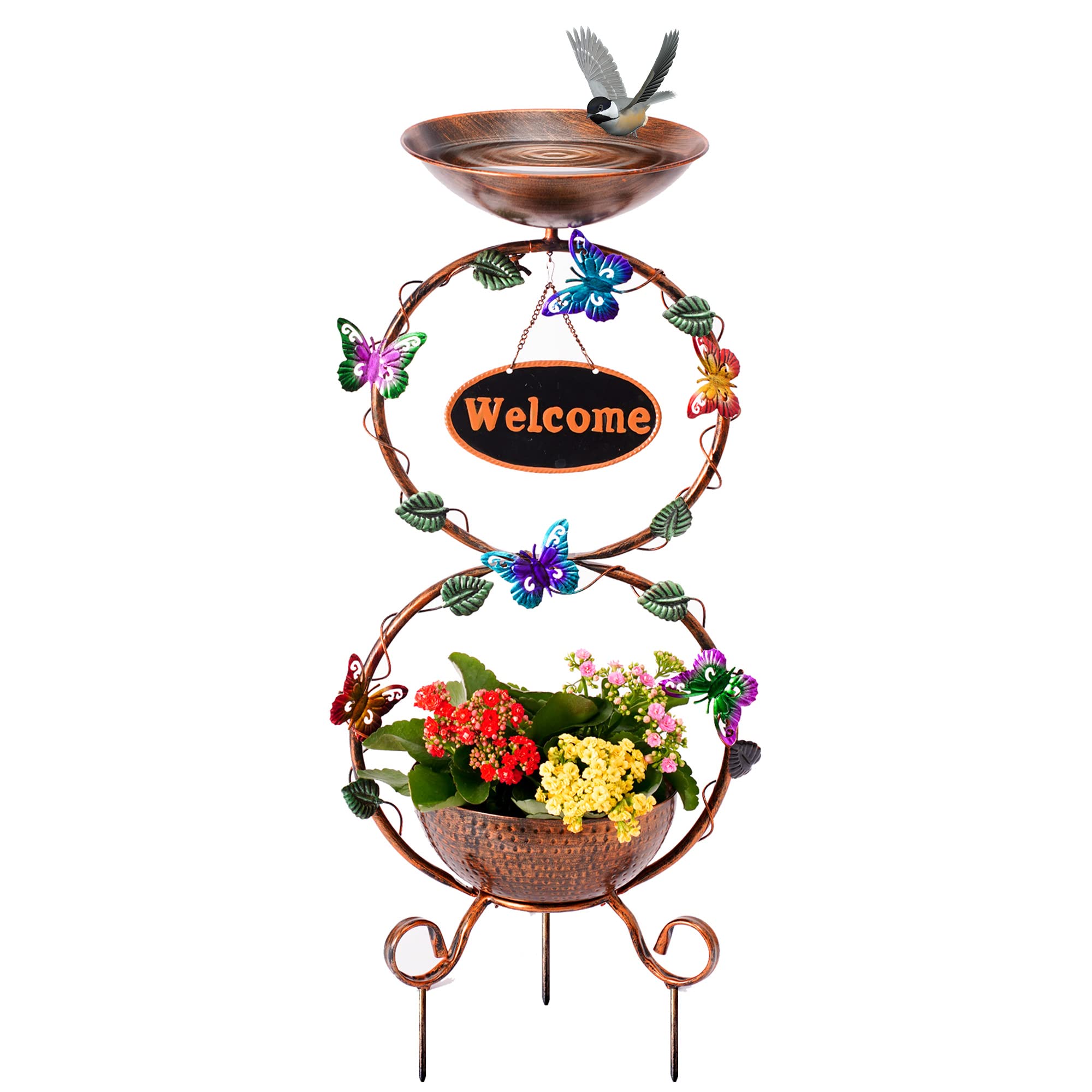 YADOOLIFE 37.8" Bird-Baths for Outdoors Flower-Planter-Pedestal-Combo Metal-Garden-Bird-Bath Vintage-Decorative-Birdbath - with Welcome Sign and Butterfly for Garden Yard Weather Resistant