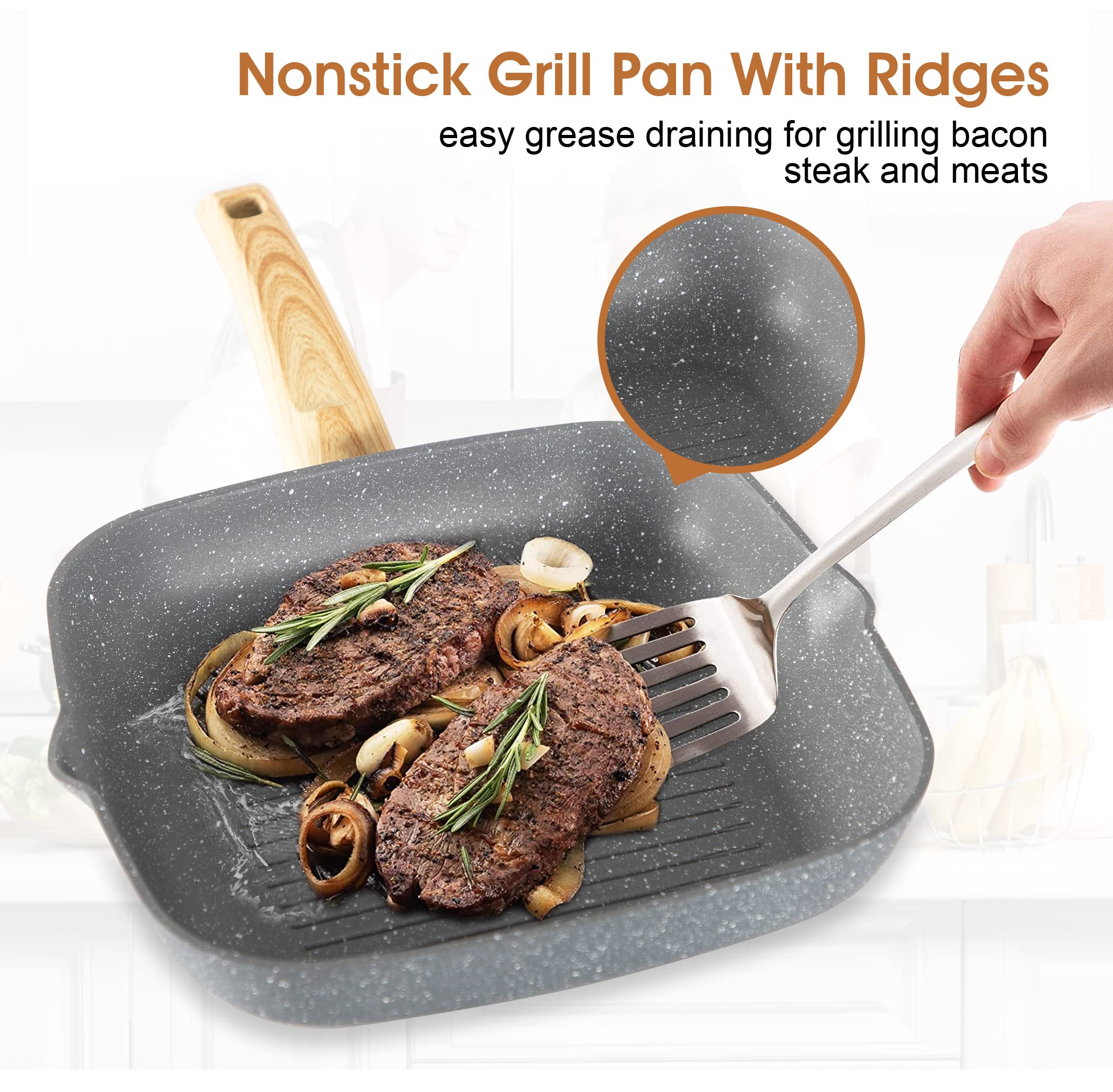 Kitchen Academy Granite Nonstick Cookware Set - 17 Piece Gray Cooking Pans Set, Induction Pots and Pans Set Non Stick, PFOA & PFOS Free.