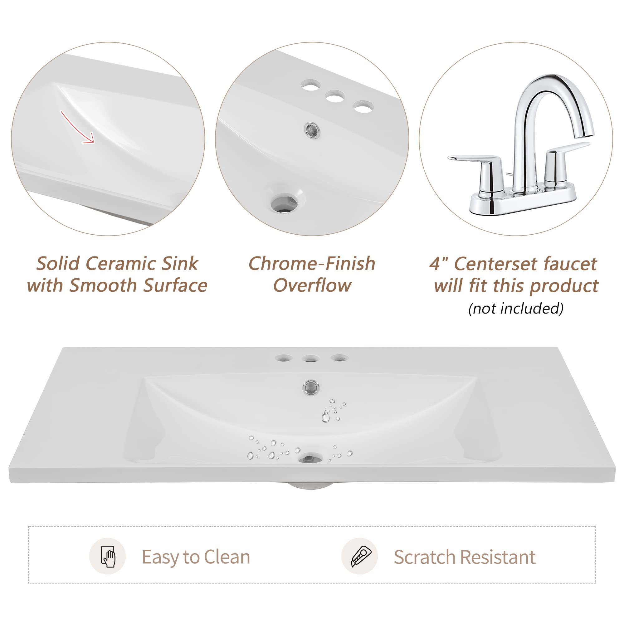 Merax, White 36 Inch Bathroom Vanity with Sink Set Combo, Storage Cabinet with Doors and Drawers, Ceramic Basin Top