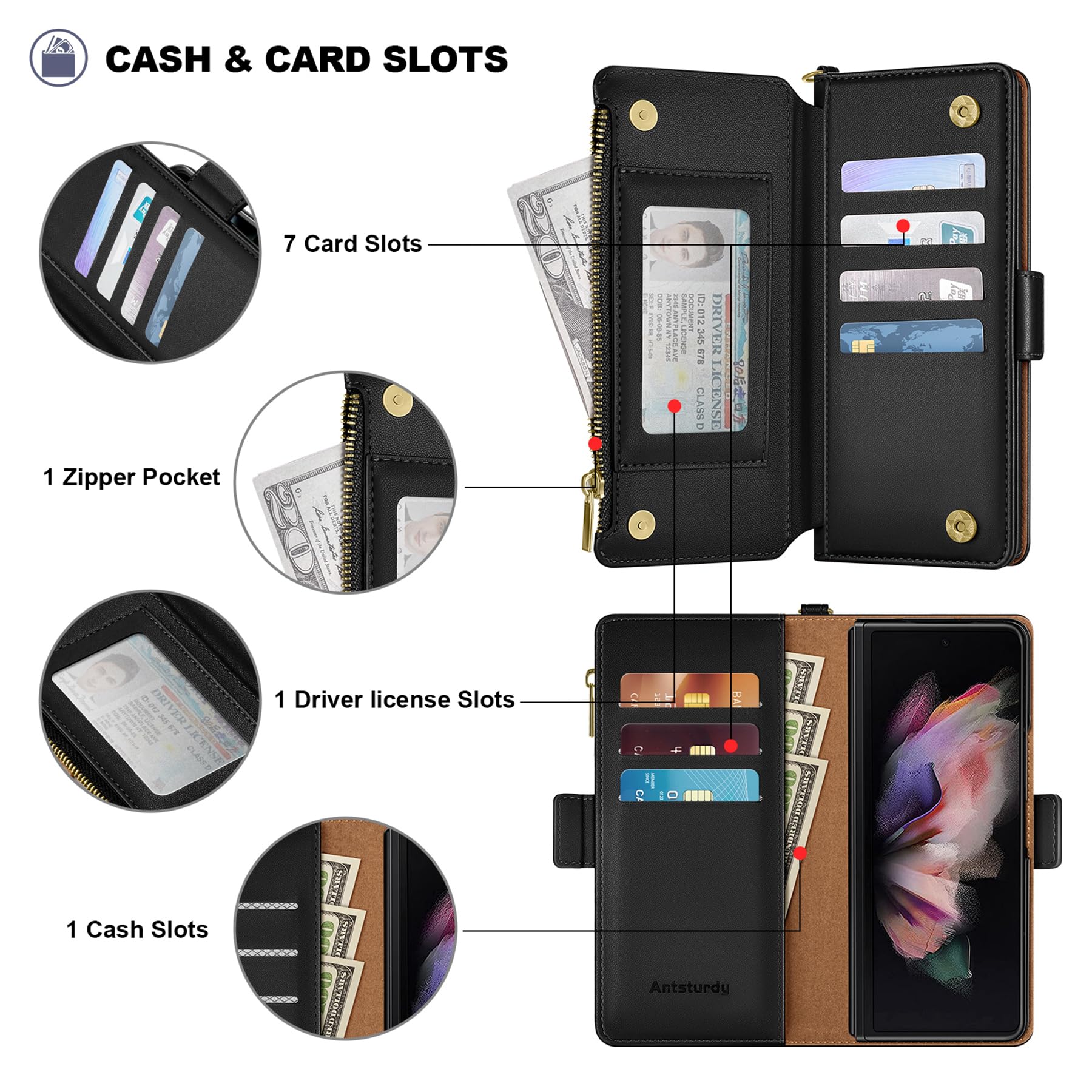 Antsturdy Compatible with Samsung Galaxy Z Fold 3 5G Case Wallet Women with【S Pen Holder】 Phone Case with Card Holder Strap PU Leather RFID Blocking Flip Folio Cover Credit Slots Men,Black