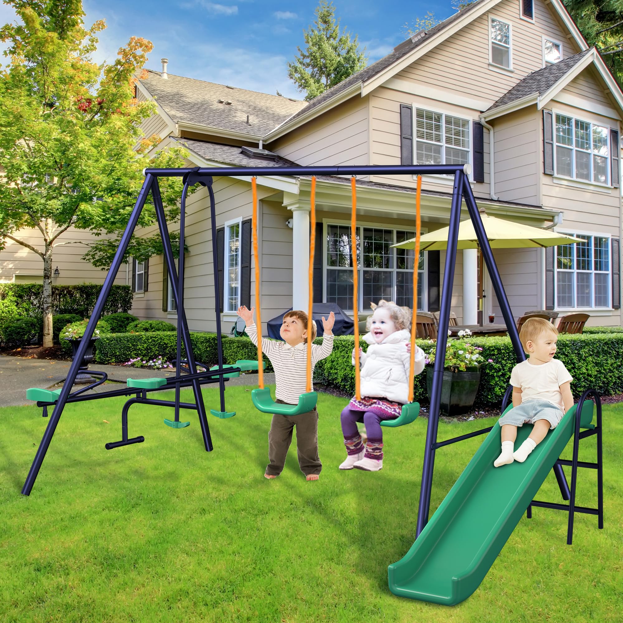 Dithoko 4 in 1 Multifunction Kids Swing Set, Metal for Backyard, Outdoor Heavy Duty Extra Large Frame with 2 Adjustable Swing, 1 Glider, 1 Slide and 1 Teeter-Totter