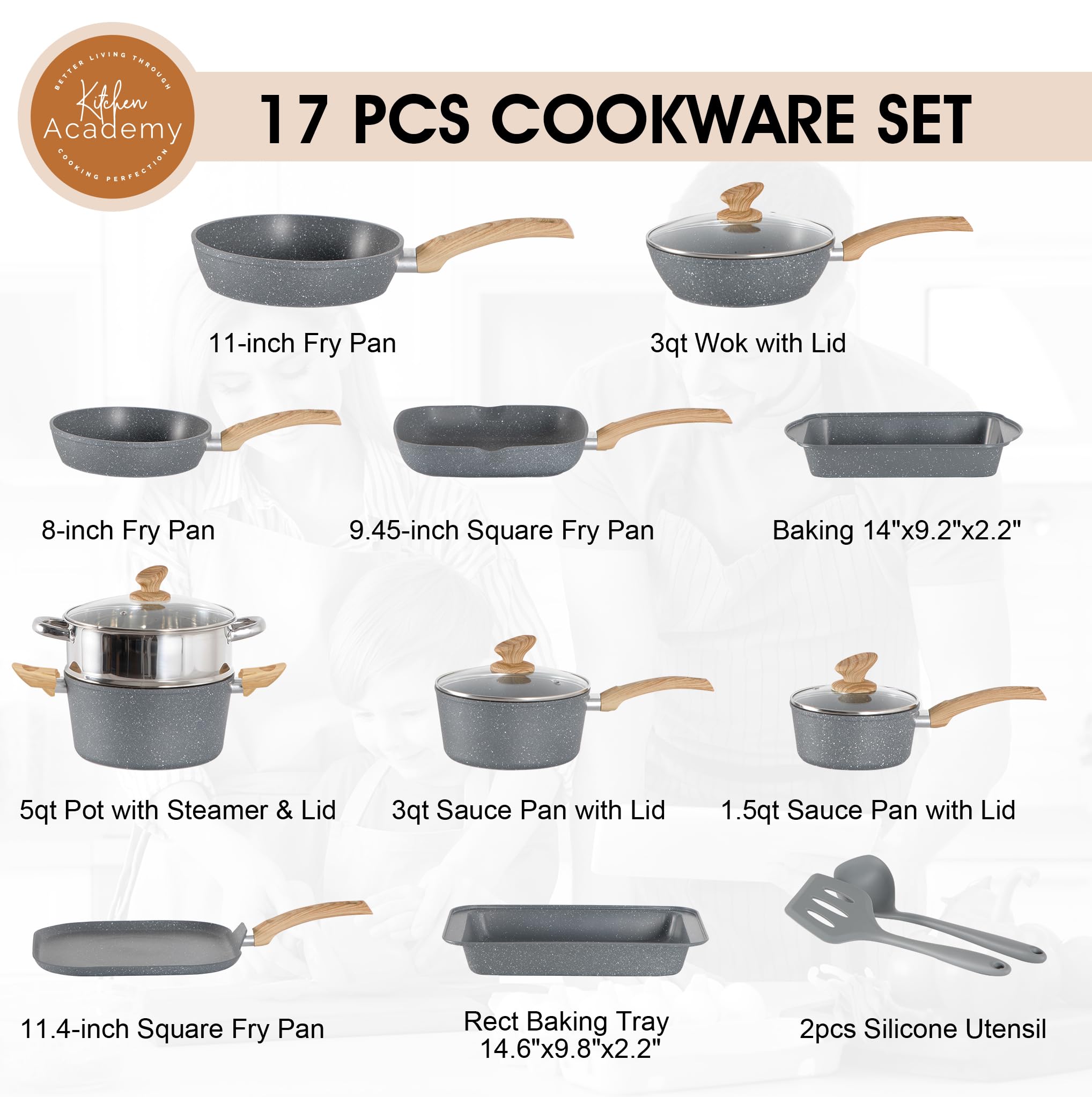 Kitchen Academy Granite Nonstick Cookware Set - 17 Piece Gray Cooking Pans Set, Induction Pots and Pans Set Non Stick, PFOA & PFOS Free.