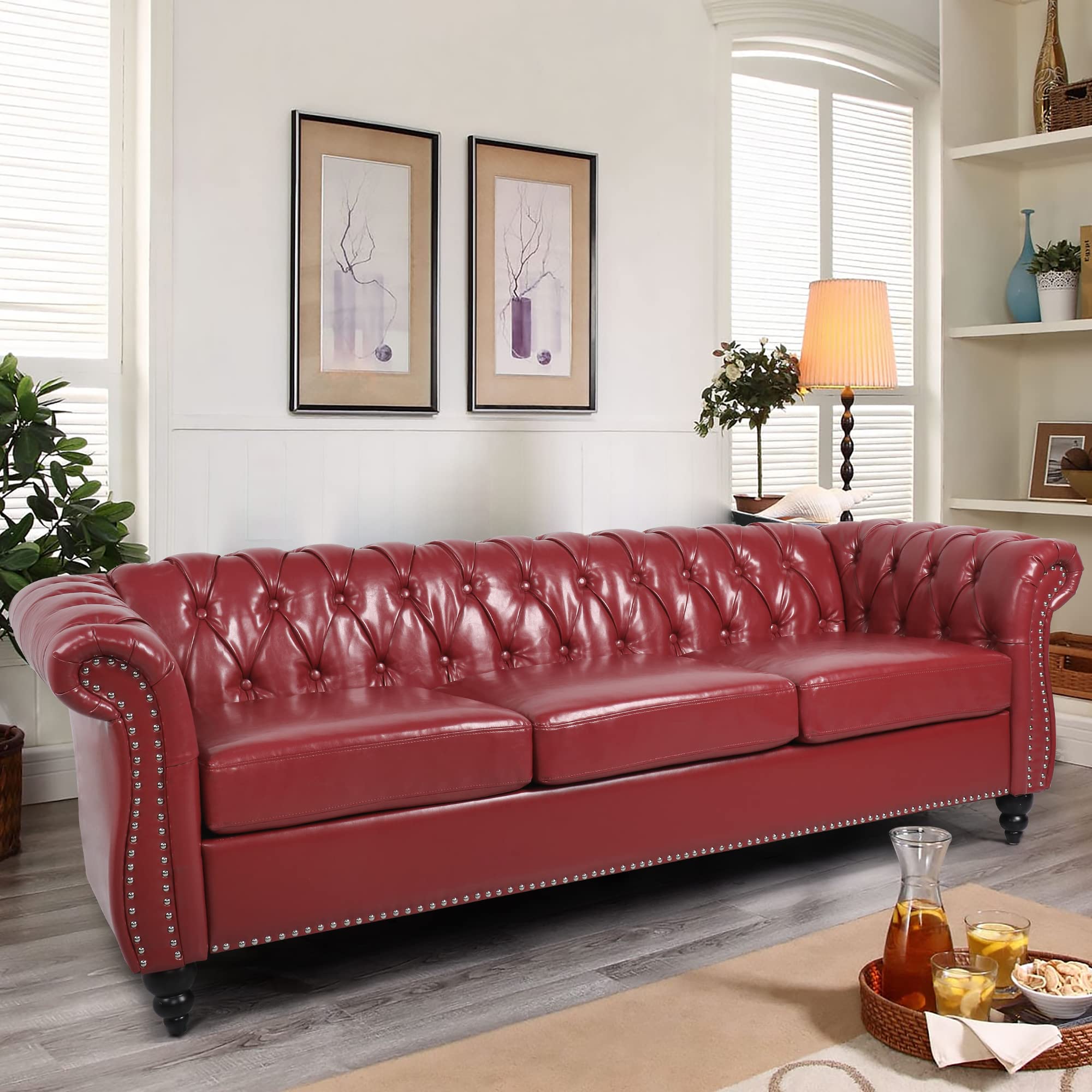 LEVNARY Chesterfield Sofa, Classic Tufted Upholstered Leather Couch, Modern 3 Seater Couch Furniture with Tufted Back for Living Room Office (Wine Red)
