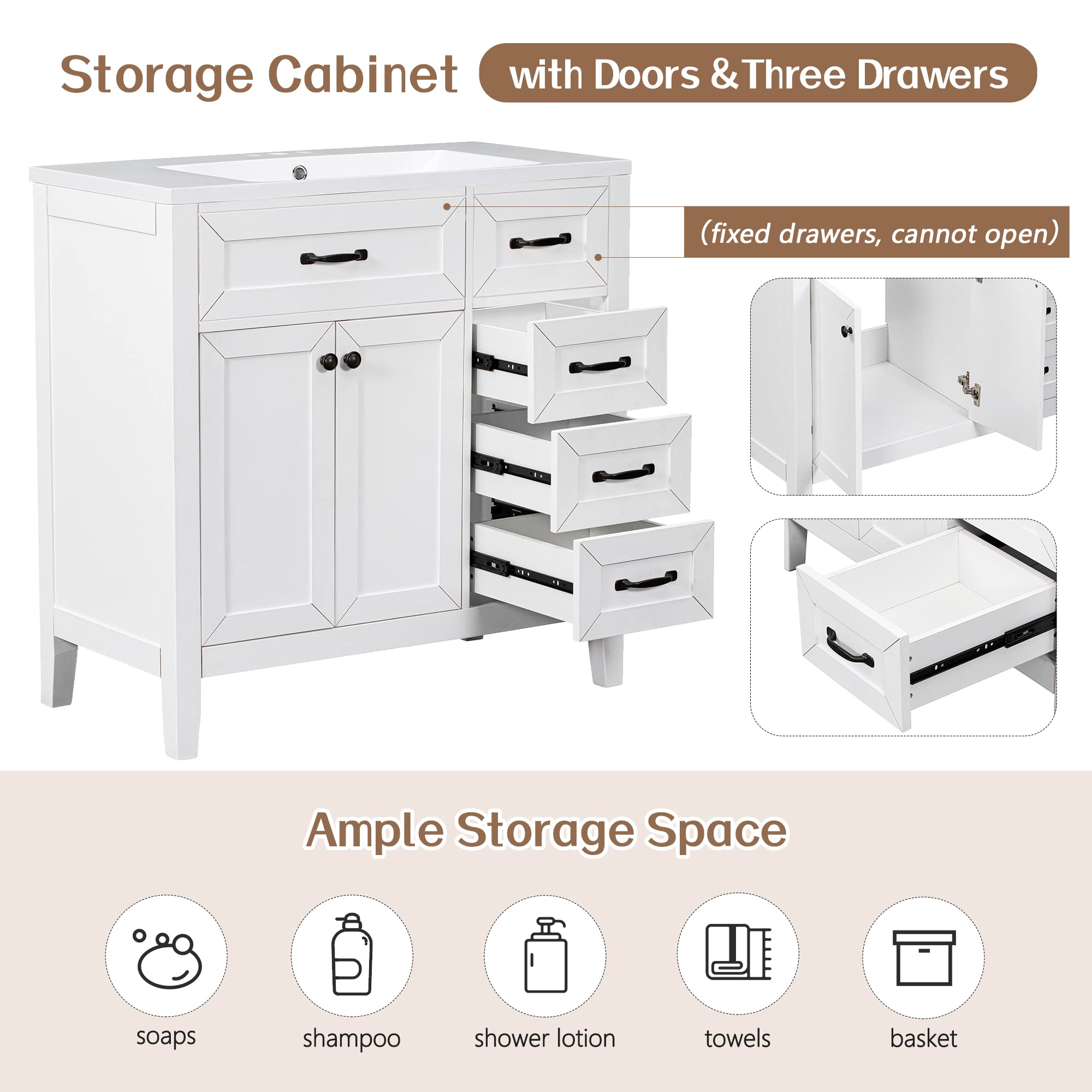 Merax, White 36 Inch Bathroom Vanity with Sink Set Combo, Storage Cabinet with Doors and Drawers, Ceramic Basin Top