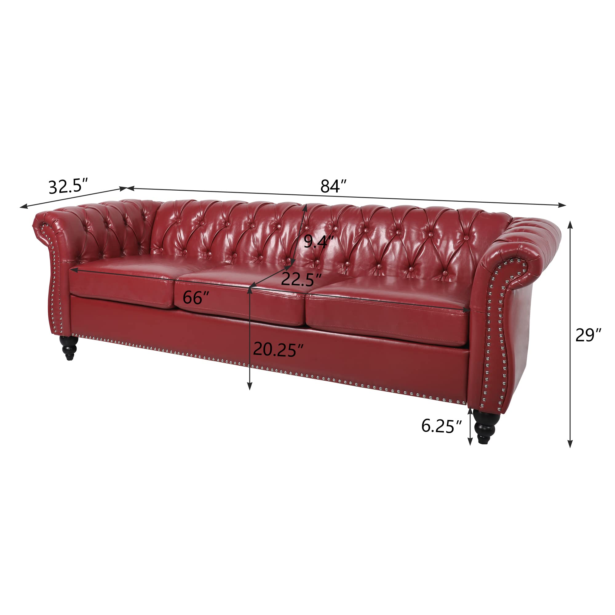 LEVNARY Chesterfield Sofa, Classic Tufted Upholstered Leather Couch, Modern 3 Seater Couch Furniture with Tufted Back for Living Room Office (Wine Red)