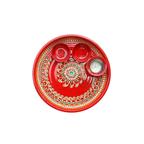 Pooja Thali with Kalash Plate Platter Decorative Puja Thali with Essential Pooja Articles for Aarti Pooja Rituals Festival Wedding Decorations (Size- 9")