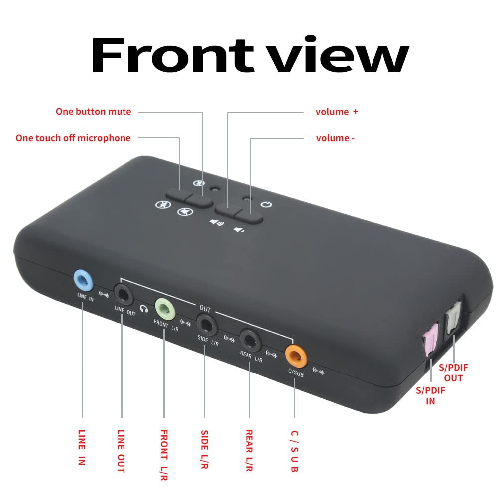 YEY 7.1 USB 3.5MM Sound Card I/O 48KHz Sample Rate 8CH DAC and 2CH ADC via S/PDIF Input and Output with Loop-Back Support standalone Cmedia Software for Windows only