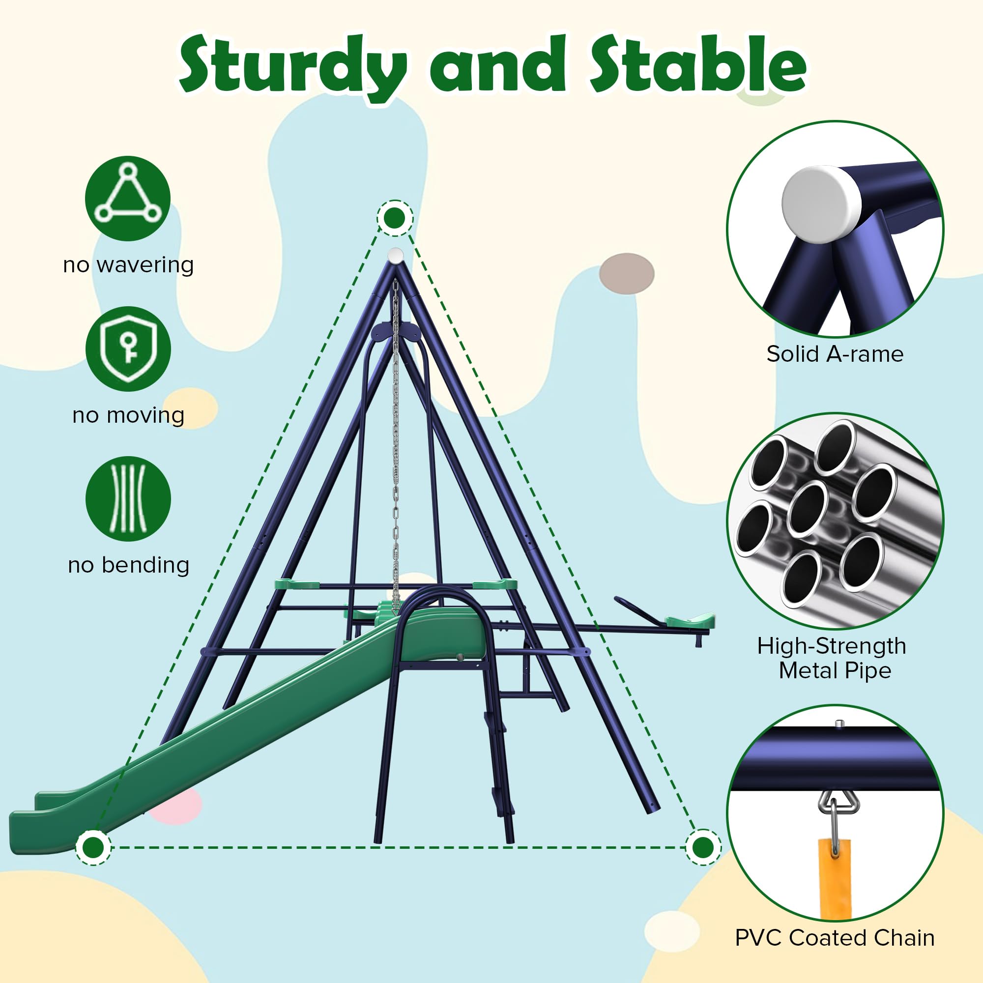 Dithoko 4 in 1 Multifunction Kids Swing Set, Metal for Backyard, Outdoor Heavy Duty Extra Large Frame with 2 Adjustable Swing, 1 Glider, 1 Slide and 1 Teeter-Totter