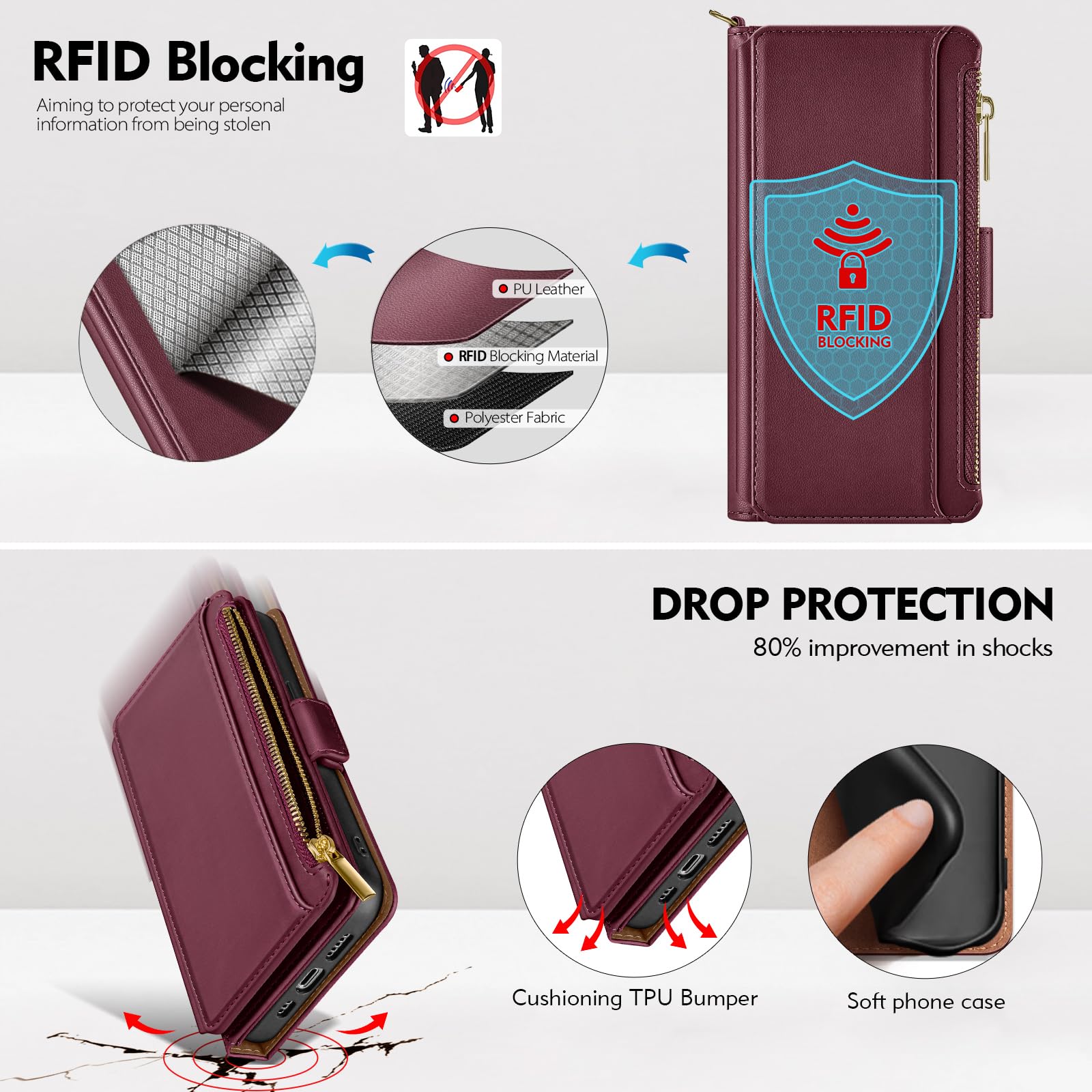 Antsturdy Compatible with Samsung Galaxy Note 10+ Plus case Wallet with Card Holder for Women Men Phone case RFID Blocking PU Leather Flip Cover with Strap Zipper Credit Card Slots,Wine Red