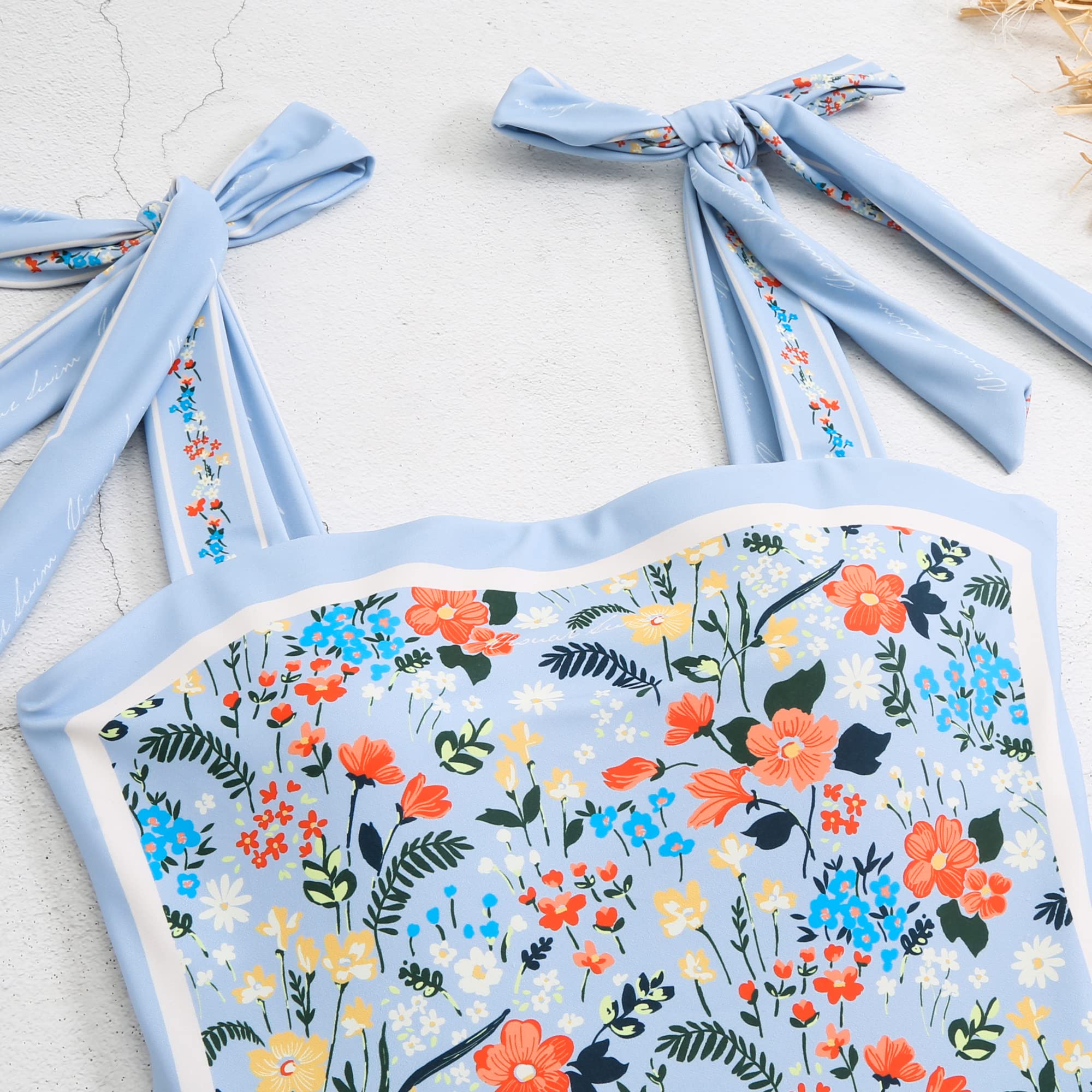 Women Floral One Piece Swimsuits, Reversible Tie Shoulder Monokini, Tummy Control Bathing Suits, Square Neck Swimwear (Medium) Blue