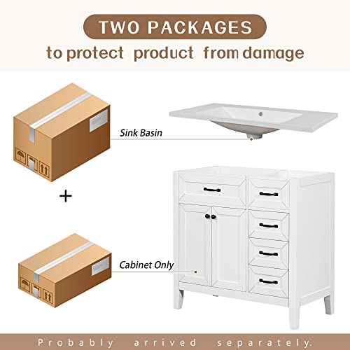 Merax, White 36 Inch Bathroom Vanity with Sink Set Combo, Storage Cabinet with Doors and Drawers, Ceramic Basin Top
