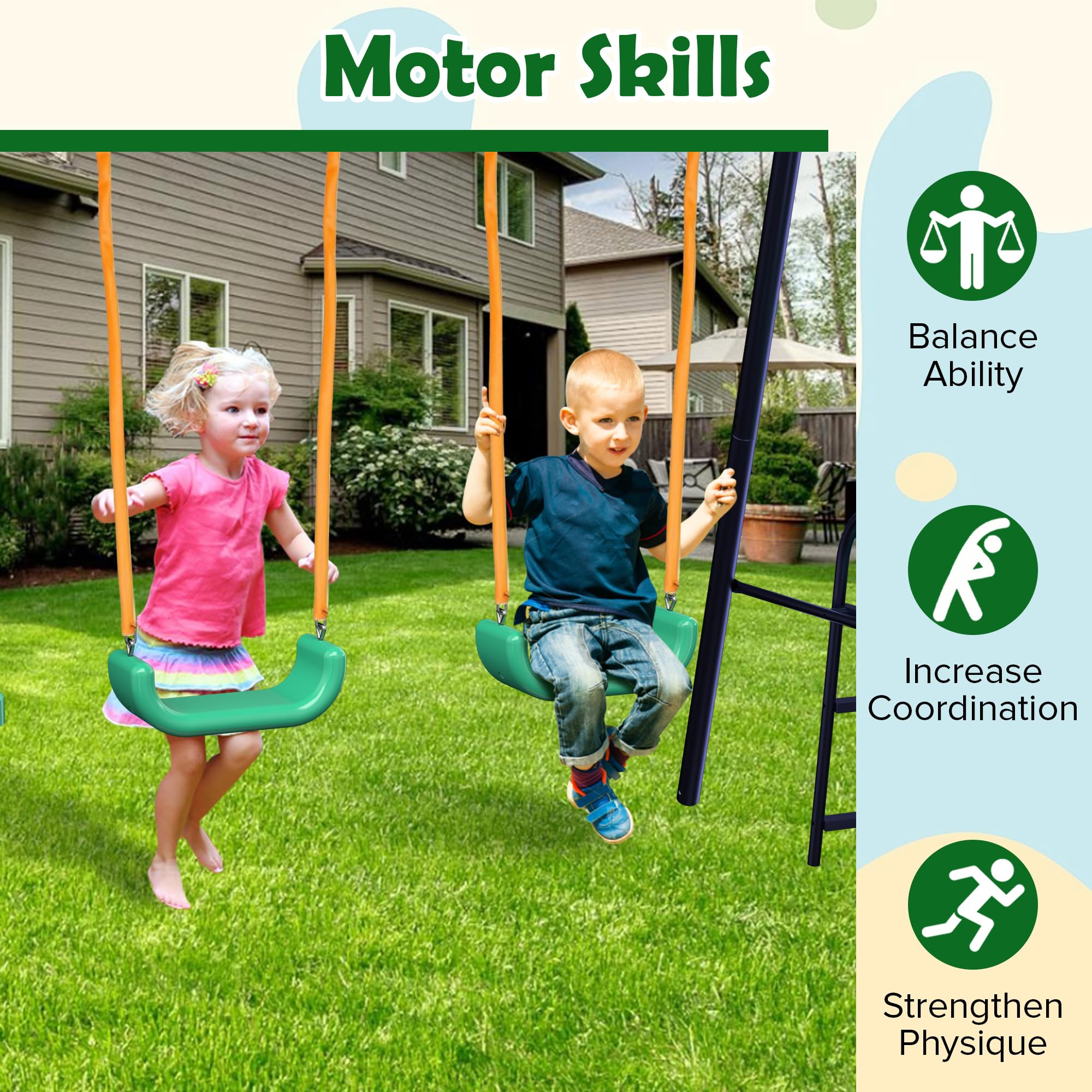 Dithoko 4 in 1 Multifunction Kids Swing Set, Metal for Backyard, Outdoor Heavy Duty Extra Large Frame with 2 Adjustable Swing, 1 Glider, 1 Slide and 1 Teeter-Totter