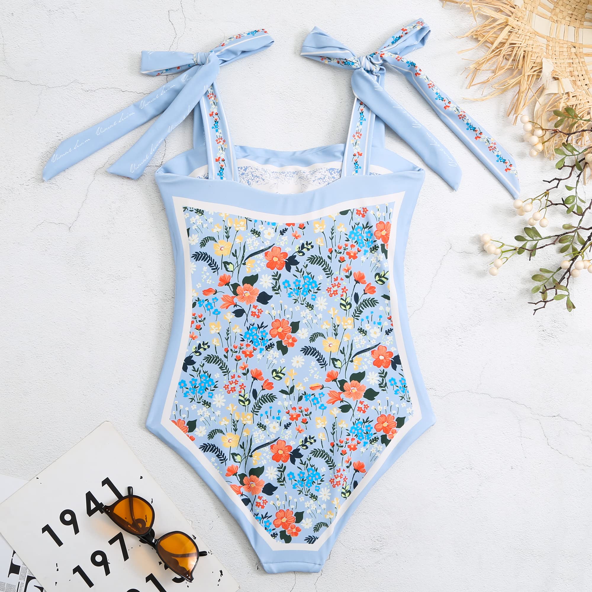 Women Floral One Piece Swimsuits, Reversible Tie Shoulder Monokini, Tummy Control Bathing Suits, Square Neck Swimwear (Medium) Blue